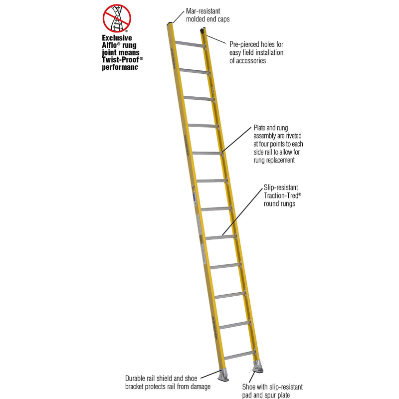 7118-1 Werner Co. 18' Type IAA Fiberglass Round Rung Straight Ladder ...